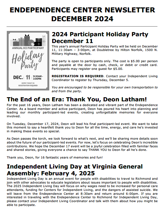 December 2024 ECI Newsletter - Endependence Center